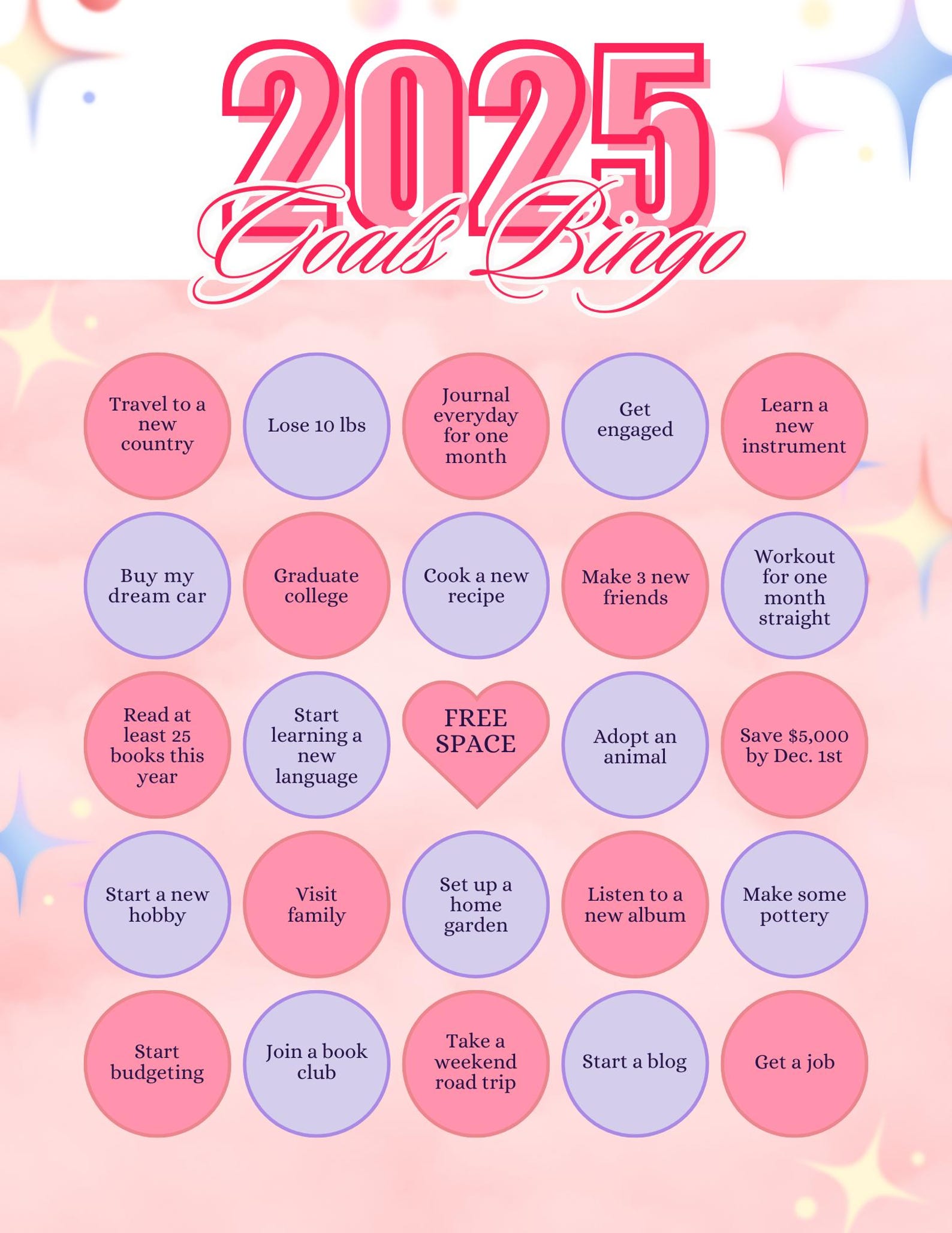Editable 2025 Goals Bingo Card Template, New Year Resolutions Bingo ...