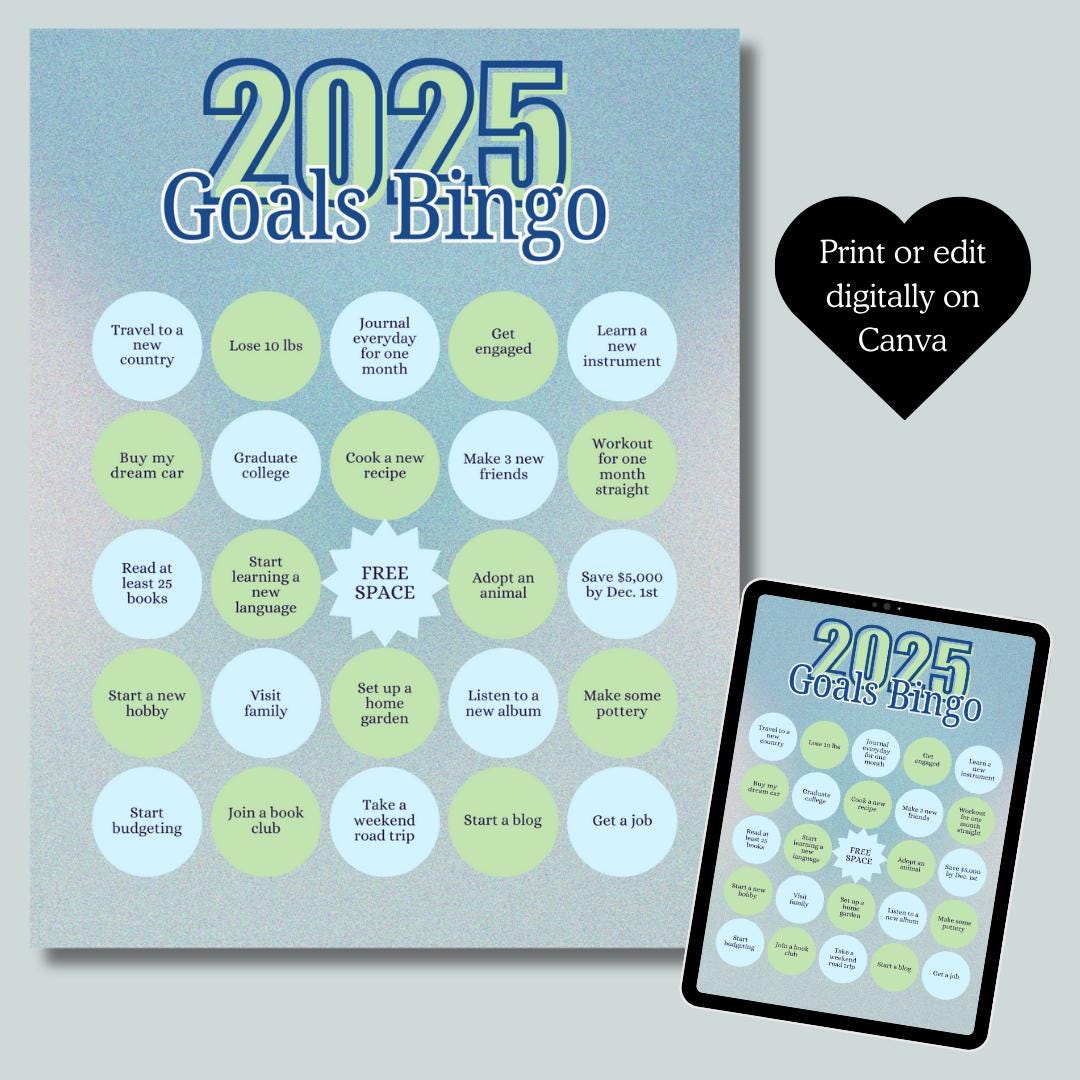 Editable 2025 Vision Board Bingo Card Template, Blue 2025 Goals Bingo ...