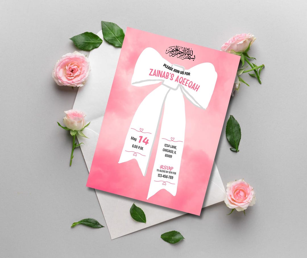 Girl Aqiqah Invitation: Pink Bow Islamic Baby Naming Ceremony (canva ...