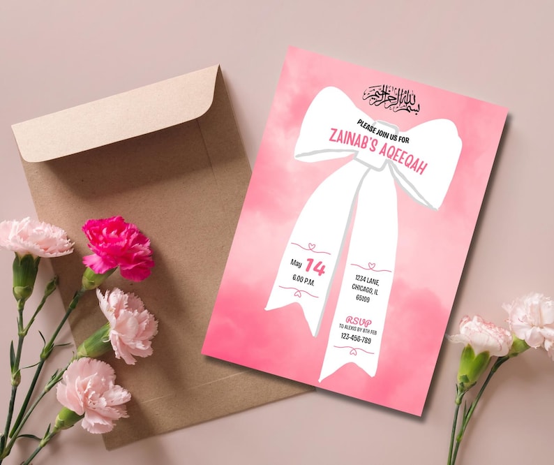 Girl Aqiqah Invitation: Pink Bow Islamic Baby Naming Ceremony (canva ...