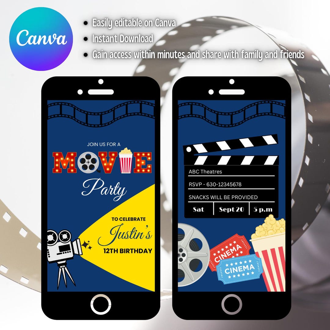 Movie Themed VIDEO Invite, Video Invitation, Movie and Dinner Invite ...