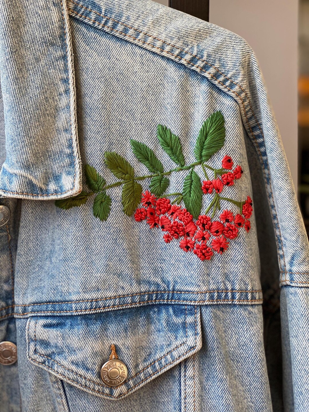 Hand Embroidered Denim Jacket, Rowan, Woman Jacket, Unique, Botanical ...