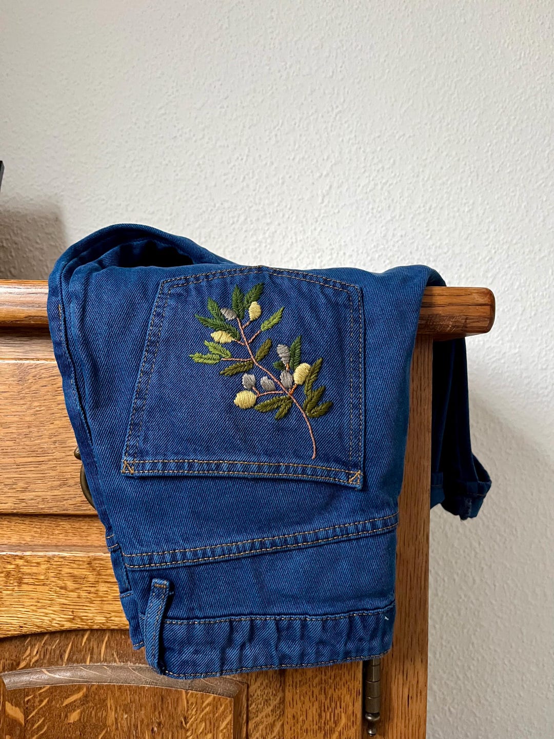 Hand Embroidered Denim Jeans: Olive Branch, Pocketmeadows - Size US 6 ...