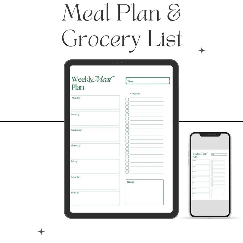 Easy Weekly Meal Plan With Grocery List and Goals List - Etsy