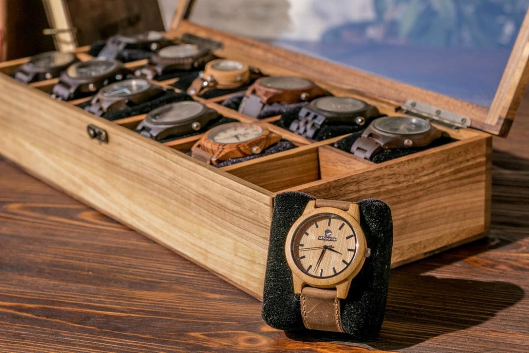 Wooden Walnut Watch Box With Glass Lid 12 Sections and Drawer Stylish ...