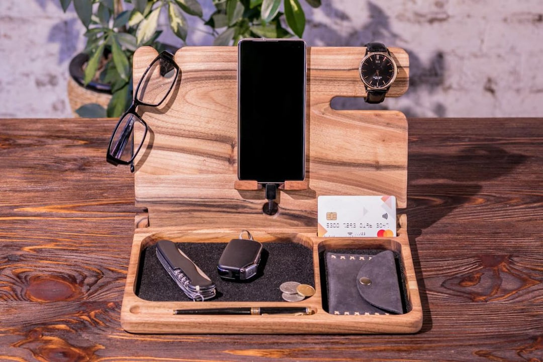 Custom Walnut Watch and Phone Stand, Wooden Desk Organizer and Charging ...