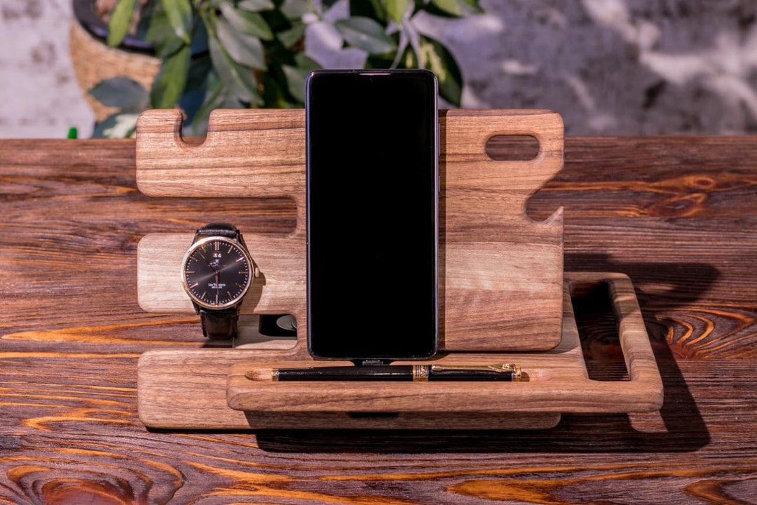 Elegant Walnut Watch and Phone Stand, Wooden Charging Dock, Desk ...