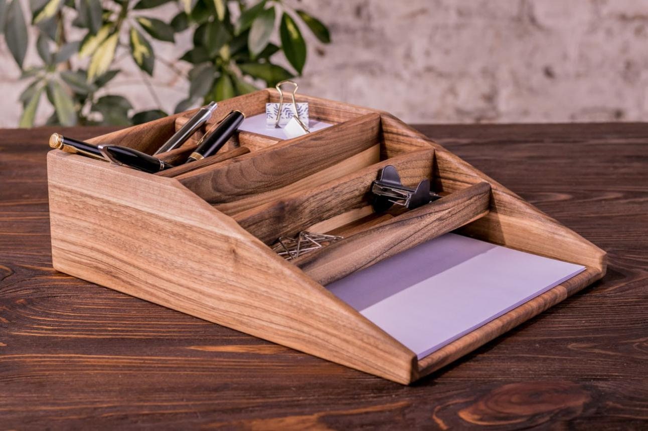 Walnut Wood Desk Organizer Elegant Workspace, Premium Wooden Office ...