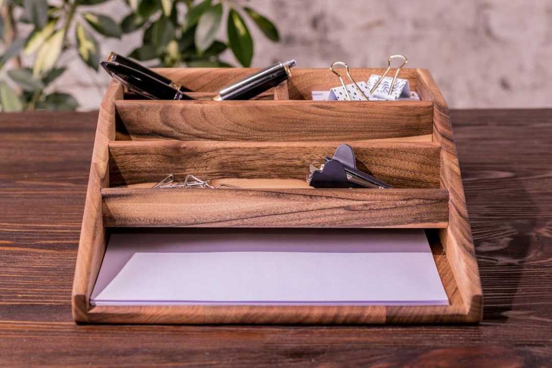 Walnut Wood Desk Organizer Elegant Workspace, Premium Wooden Office ...