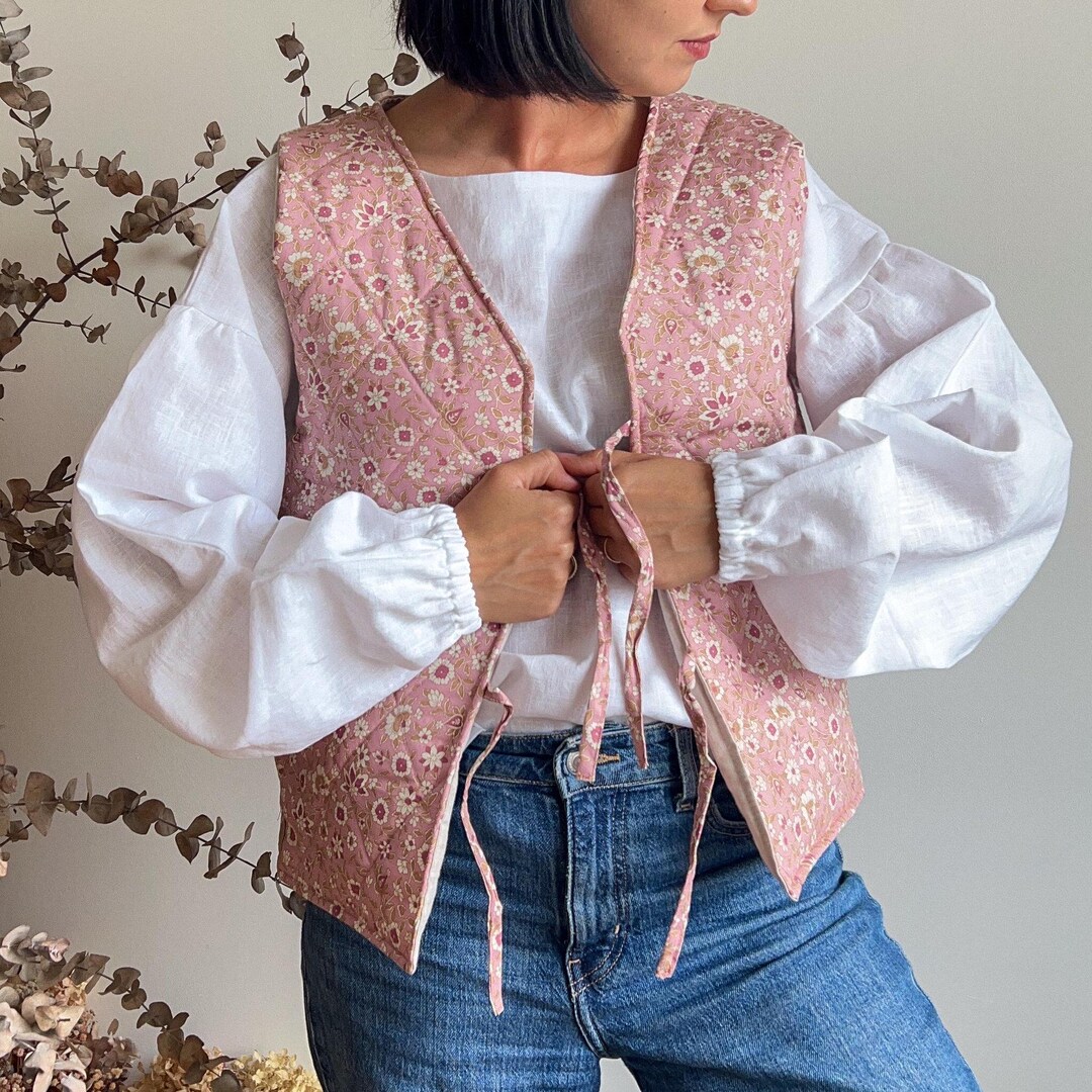 Quilted Cotton Vest, Pink Printed Cotton Vest, Colourblocked Lining ...