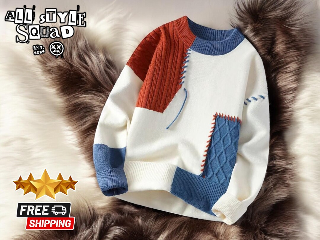 Colorful Winter Sweater | Men's High Collar Knit Top | Warm Patchwork ...