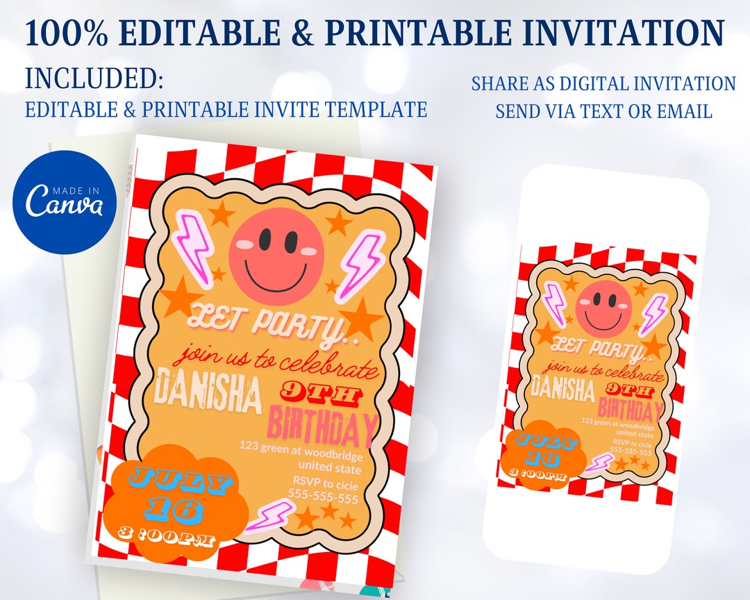 Editable Preppy Let's Party Smile Face Birthday Invitation Template ...