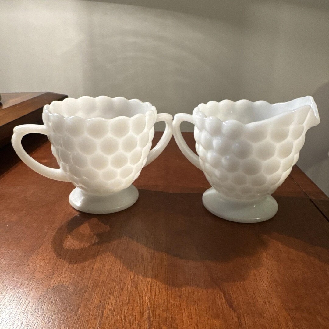 Vintage Anchor Hocking Bubble Pattern Milk Glass Creamer & Sugar Bowl ...