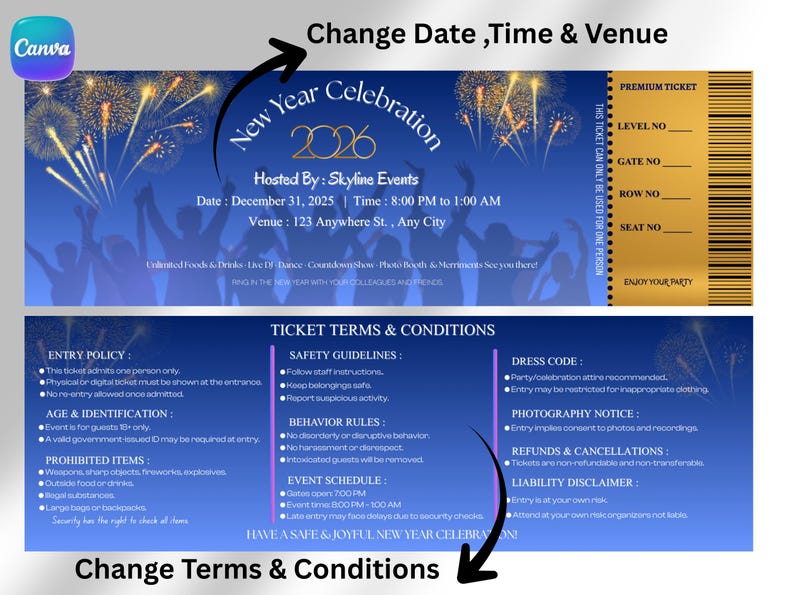New Year Party Ticket Template 2026 | Editable Canva Event Ticket | New ...