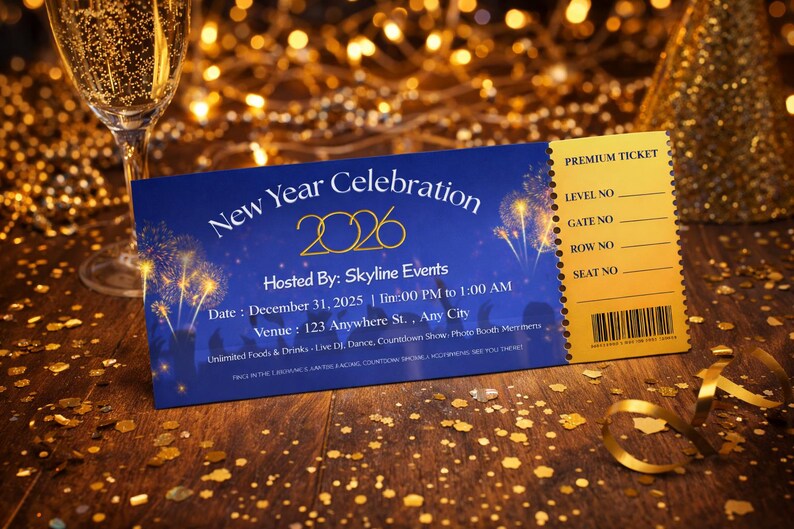 New Year Party Ticket Template 2026 | Editable Canva Event Ticket | New ...
