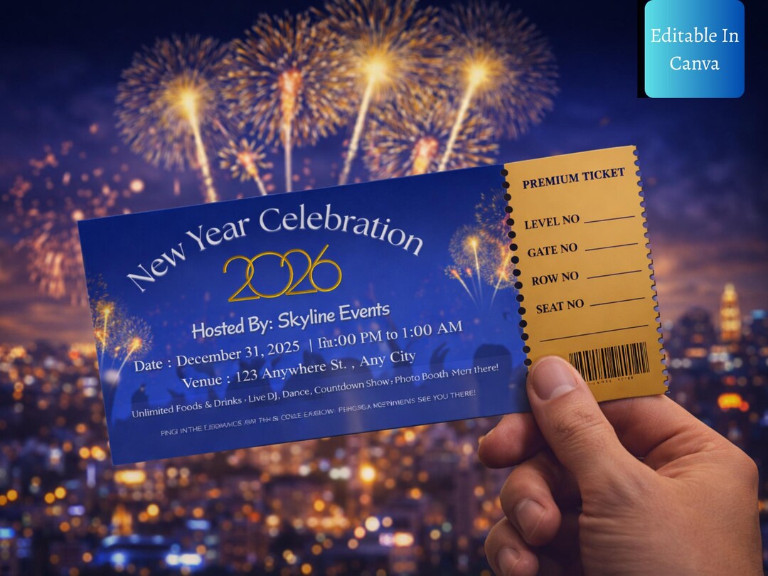 New Year Party Ticket Template 2026 | Editable Canva Event Ticket | New ...