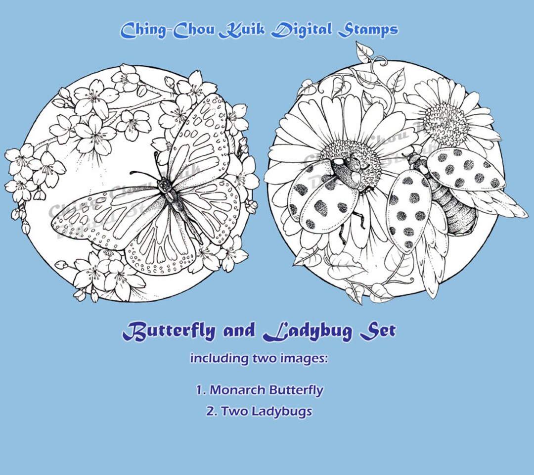 Butterfly & Ladybug Set - Digital Stamp Coloring Page Instant Download ...