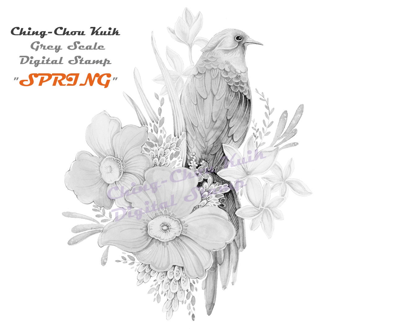 Spring Grey Scale PRINTABLE Instant Download Digital Stamp/ | Etsy