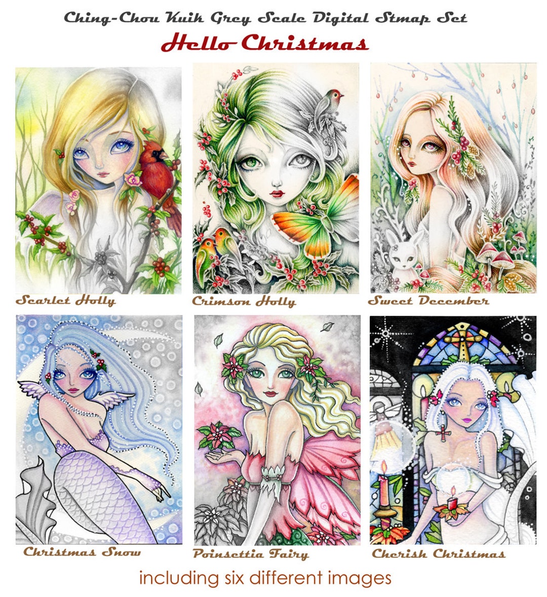 Hello Christmas Set Greyscale PRINTABLE Instant Download Digital Stamp ...