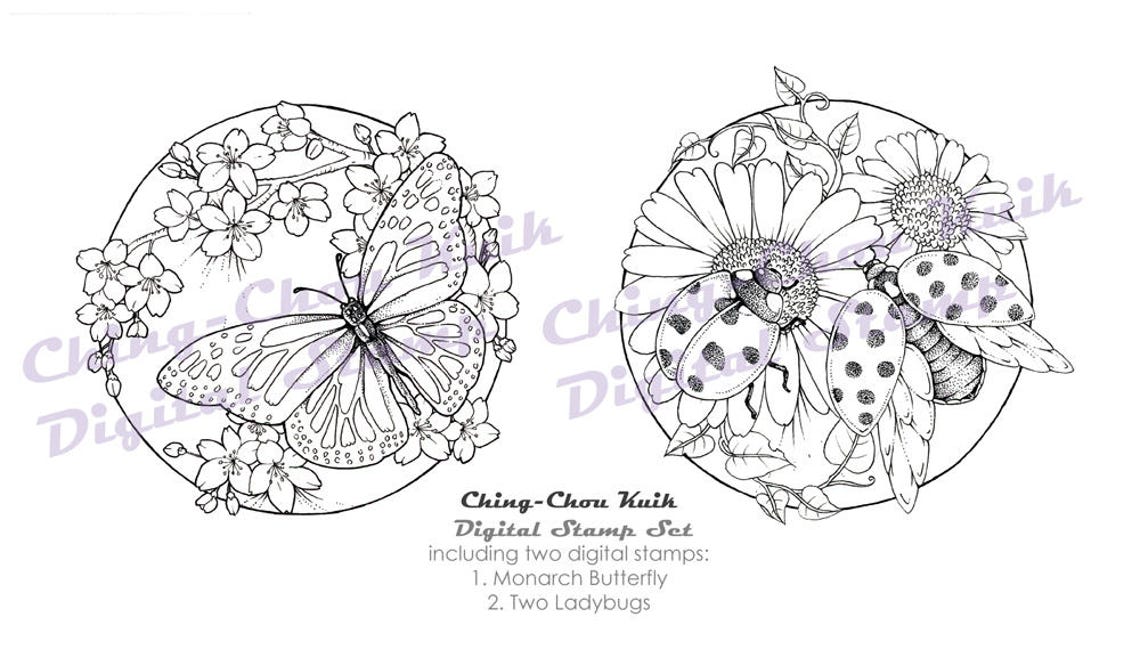 Butterfly & Ladybug Set Digital Stamp Coloring Page Instant - Etsy