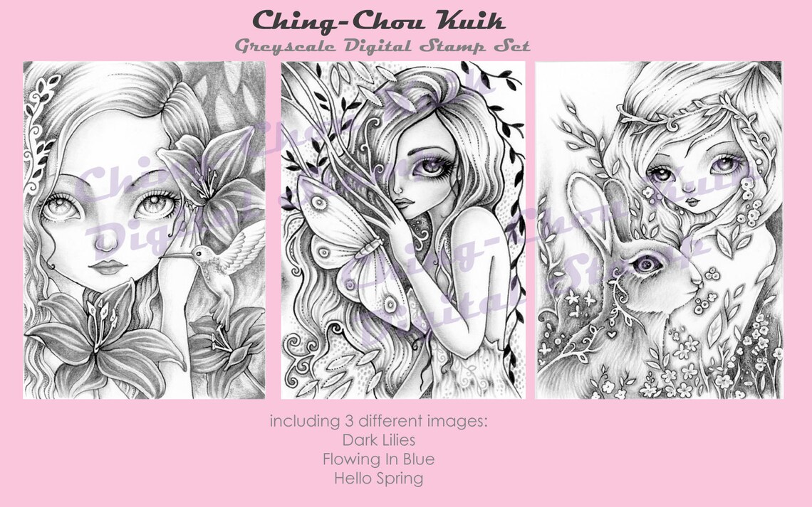 Hello Natural Set greyscale Grayscale Digital Stamp | Etsy