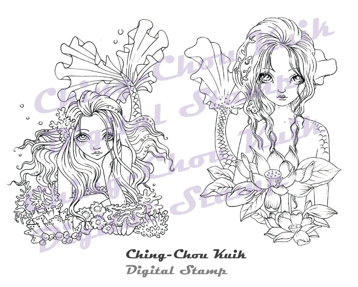 Digital Stamp Coral & Lotus Mermaid Set of 2 Images Instant - Etsy UK