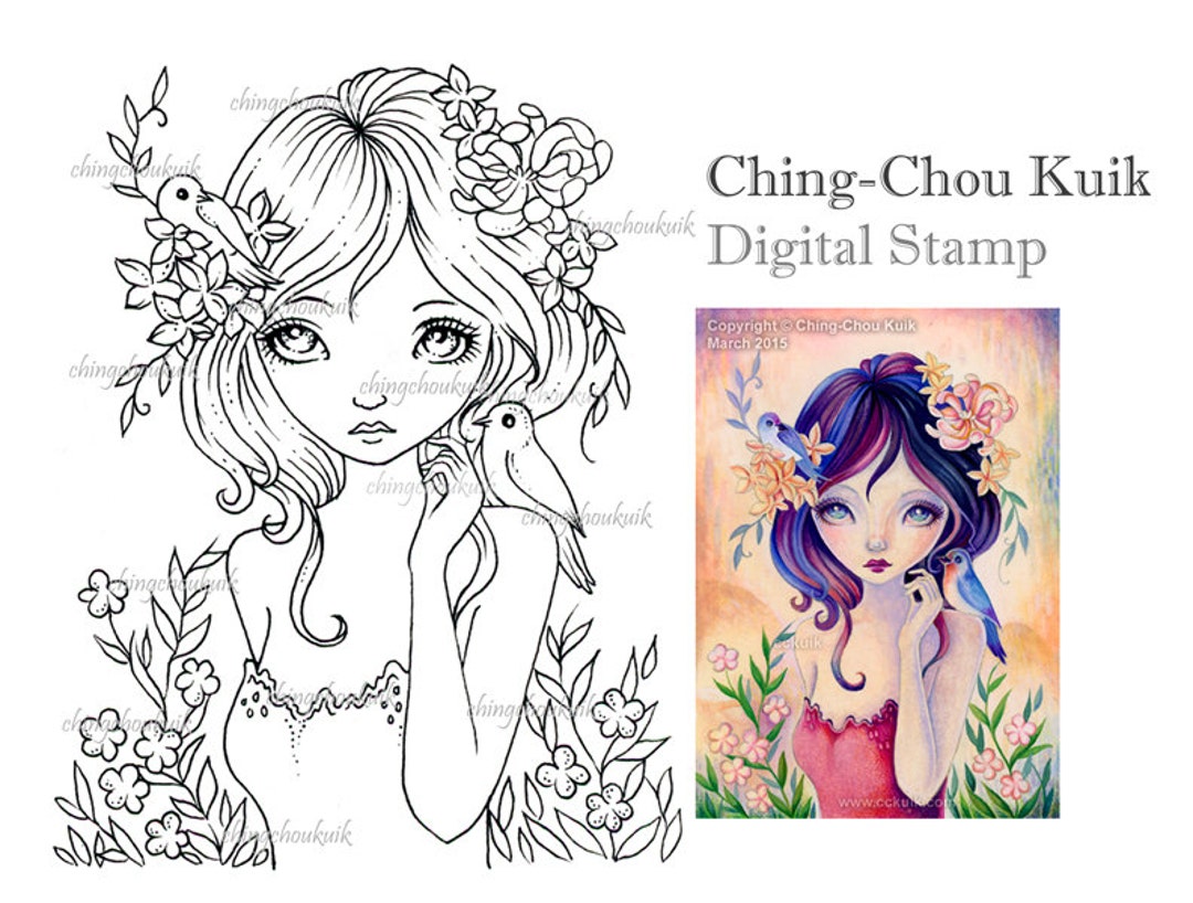 Heart of Spring Digital Stamp Instant Download / Bird Flower Girl ...