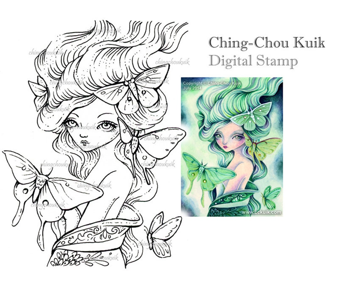Green Moth Maiden - Digital Stamp Instant Download / Butterfly Moth ...