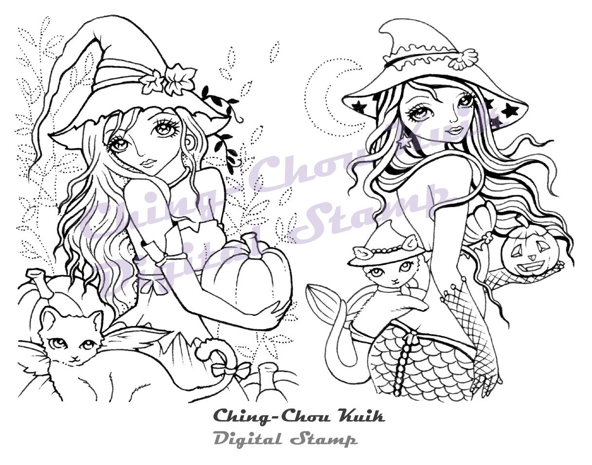 Digital Stamp Set of 2 Halloween Pumpkin Witch Images | Etsy