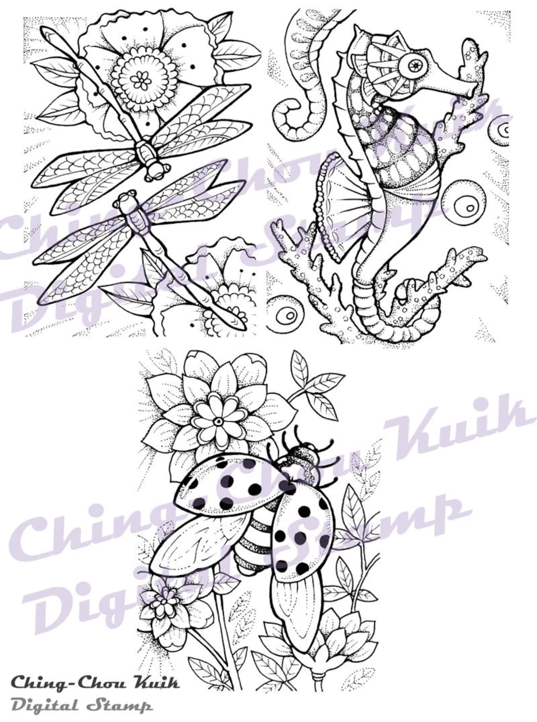 Dragonflies Seahorse Ladybug Set Digital Stamp Instant - Etsy