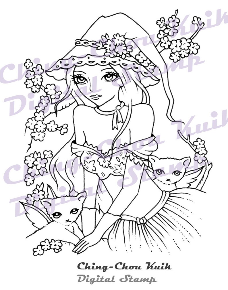 Spring Witch Instant Download / Witch Sakura Flower Animal | Etsy