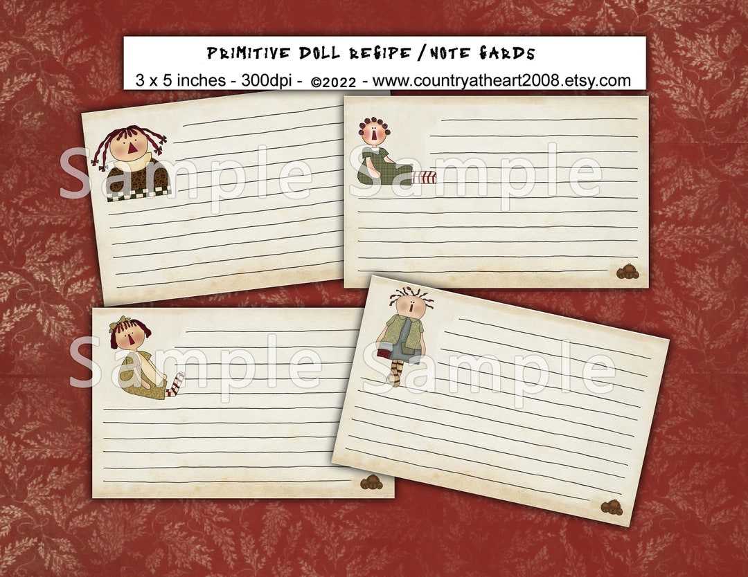 Primitive Dolls - Printable Recipe or Note Cards - 3 X 5 Inches ...