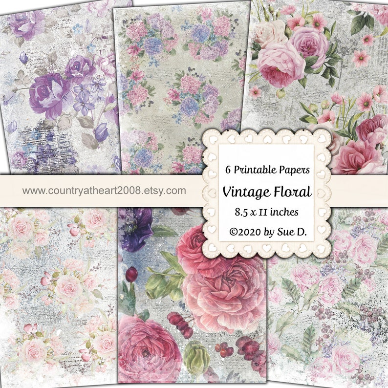 Vintage Floral Printable Paper 6 Full Size Sheets of | Etsy