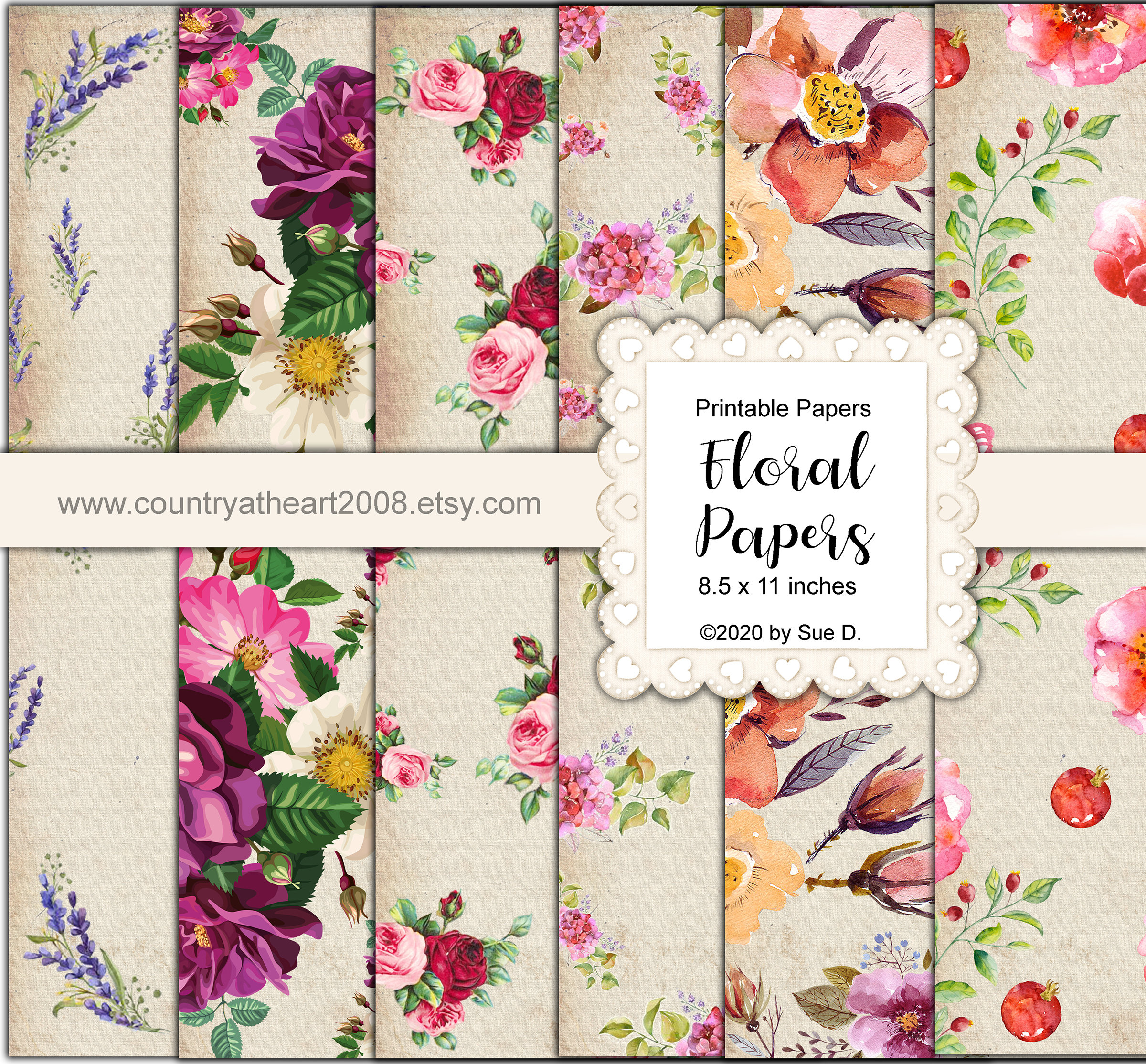 Floral Papers Printable Paper 6 Full Size Sheets of - Etsy