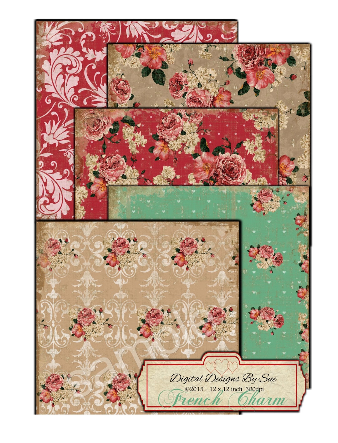 French Charm Gorgeous Paper Set - Printable Digital Collage Sheets ...