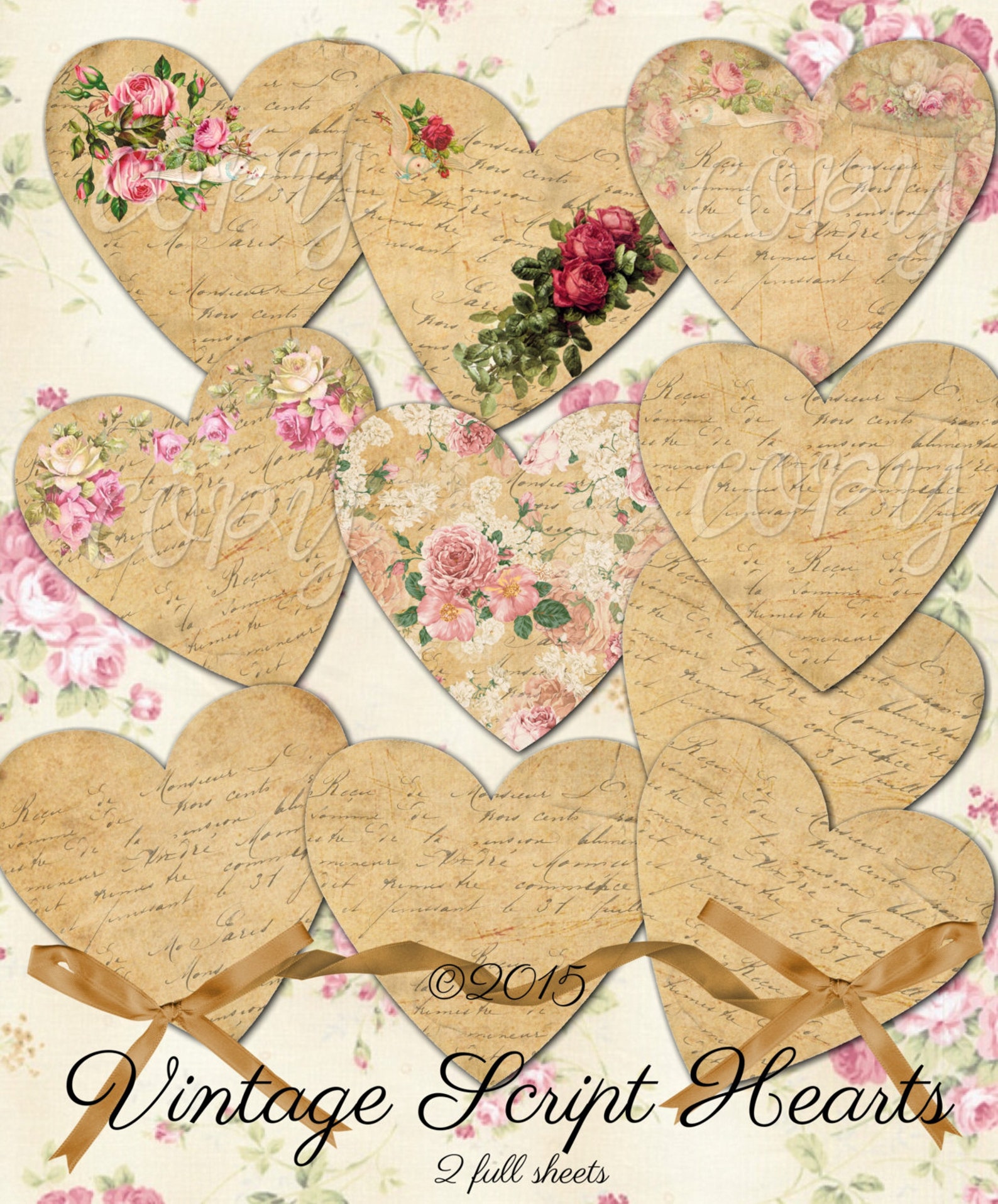 INSTANT DOWNLOAD 2 Full Sheets of 4 Inch Vintage Script Hearts - Etsy