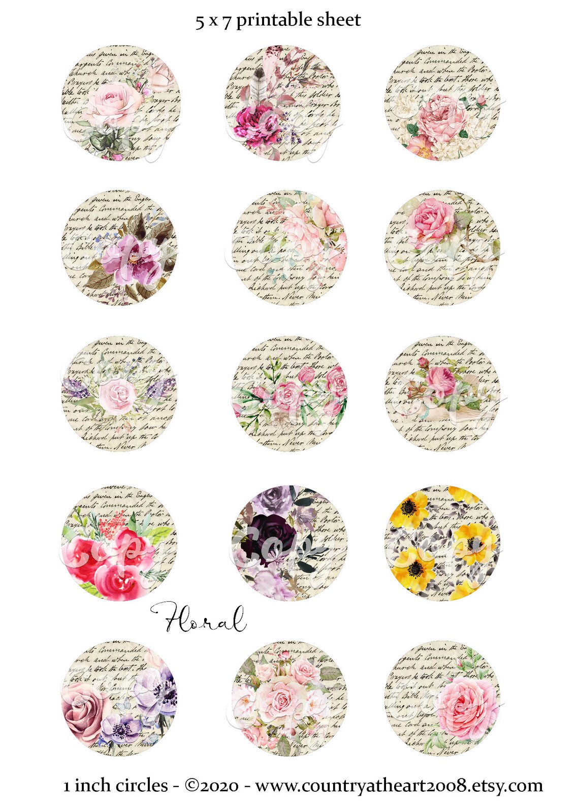 Floral 1 Inch Circles Printable Digital Collage Sheet - Etsy