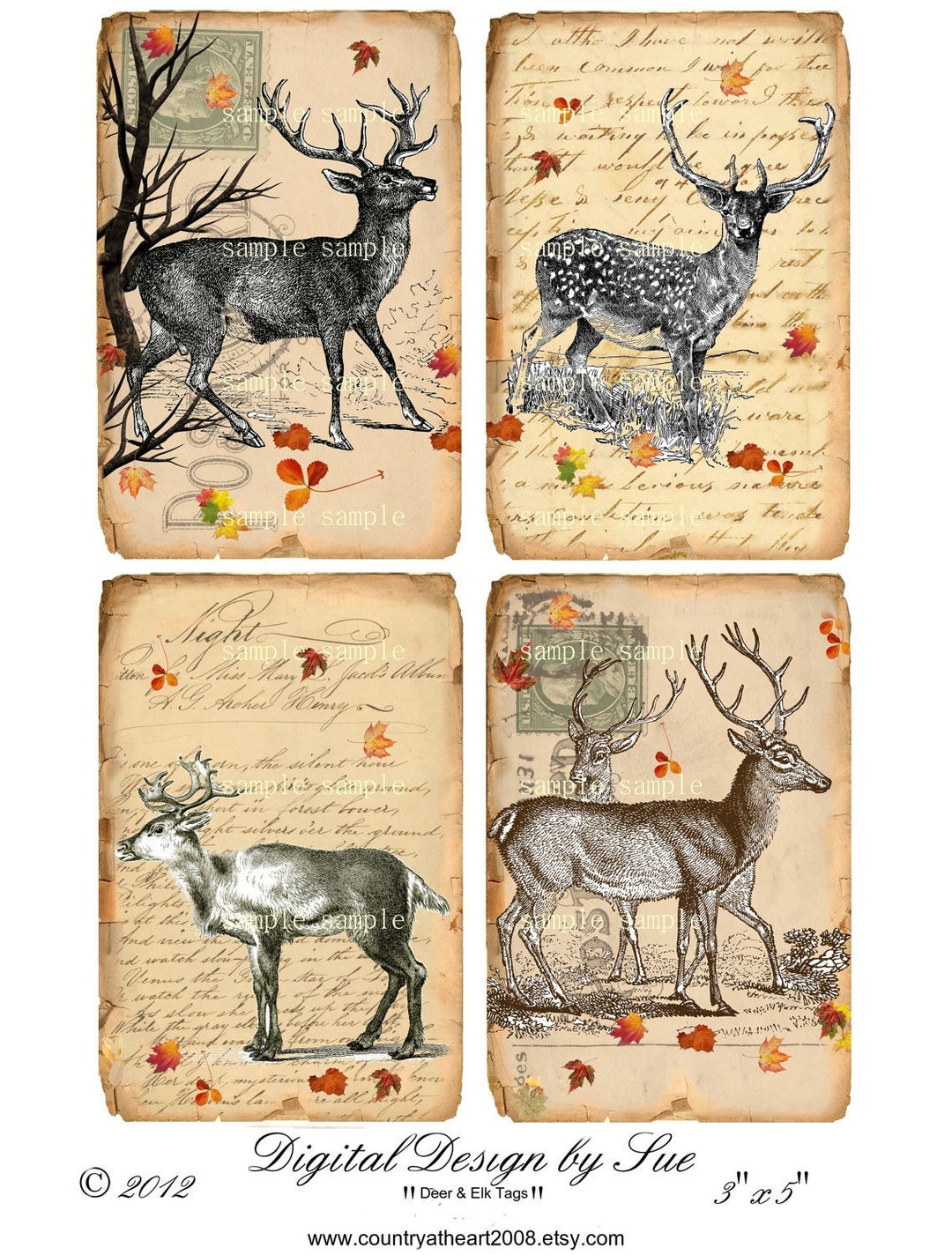 Deer & Elk Tags - Set of 4 Different Images - 3x5 - Collage Sheet ...