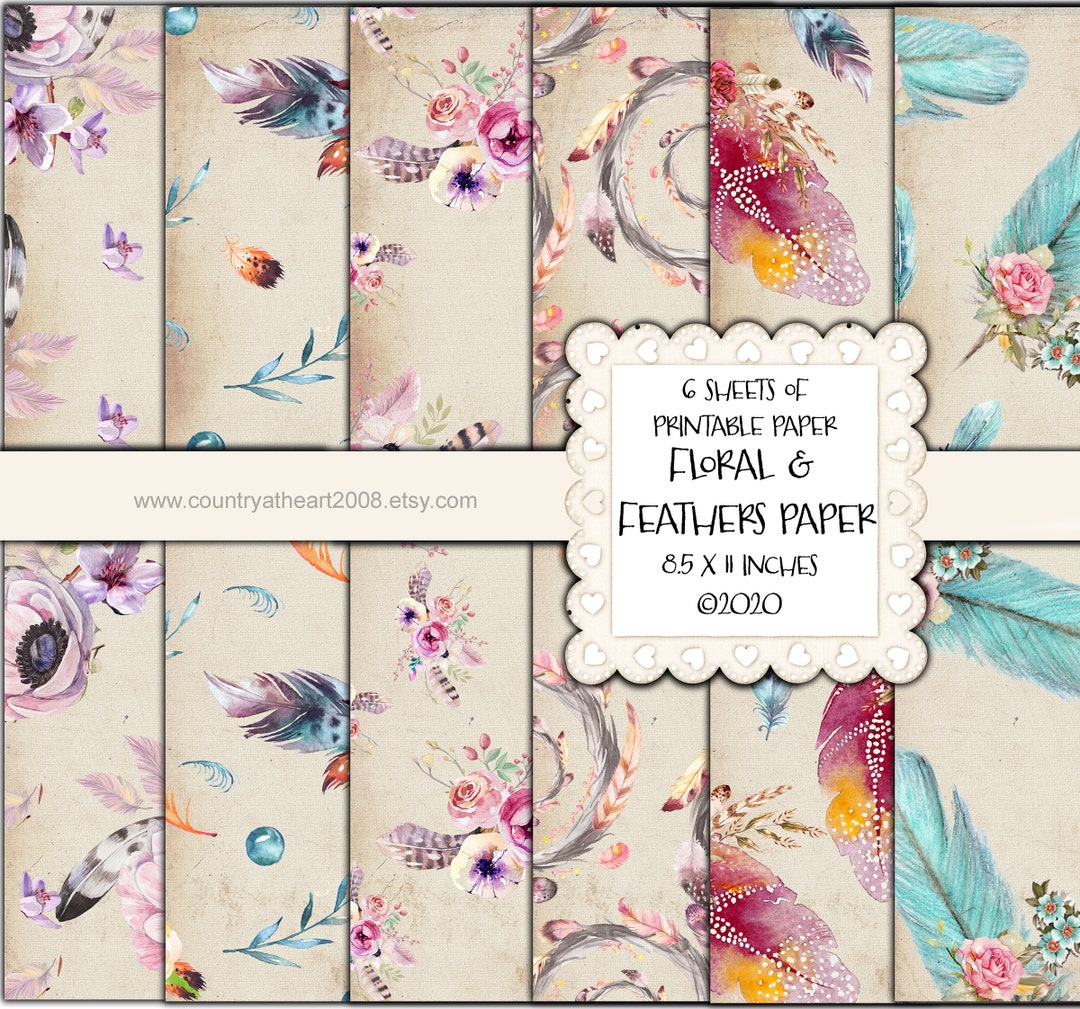 Floral and Feathers Paper - Printable Paper - 6 Full Size Sheets of ...