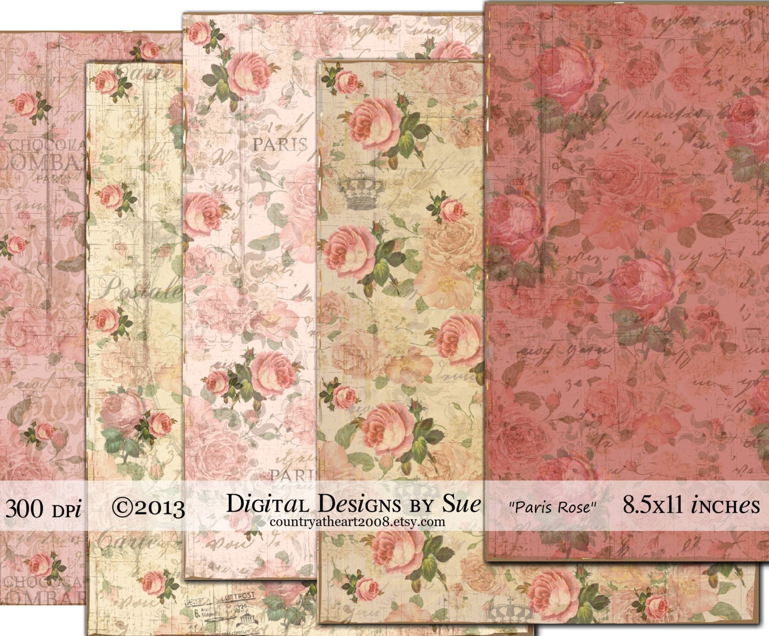 Paris Rose Paper Pack - Printable Digital Collage Sheet - Digital ...