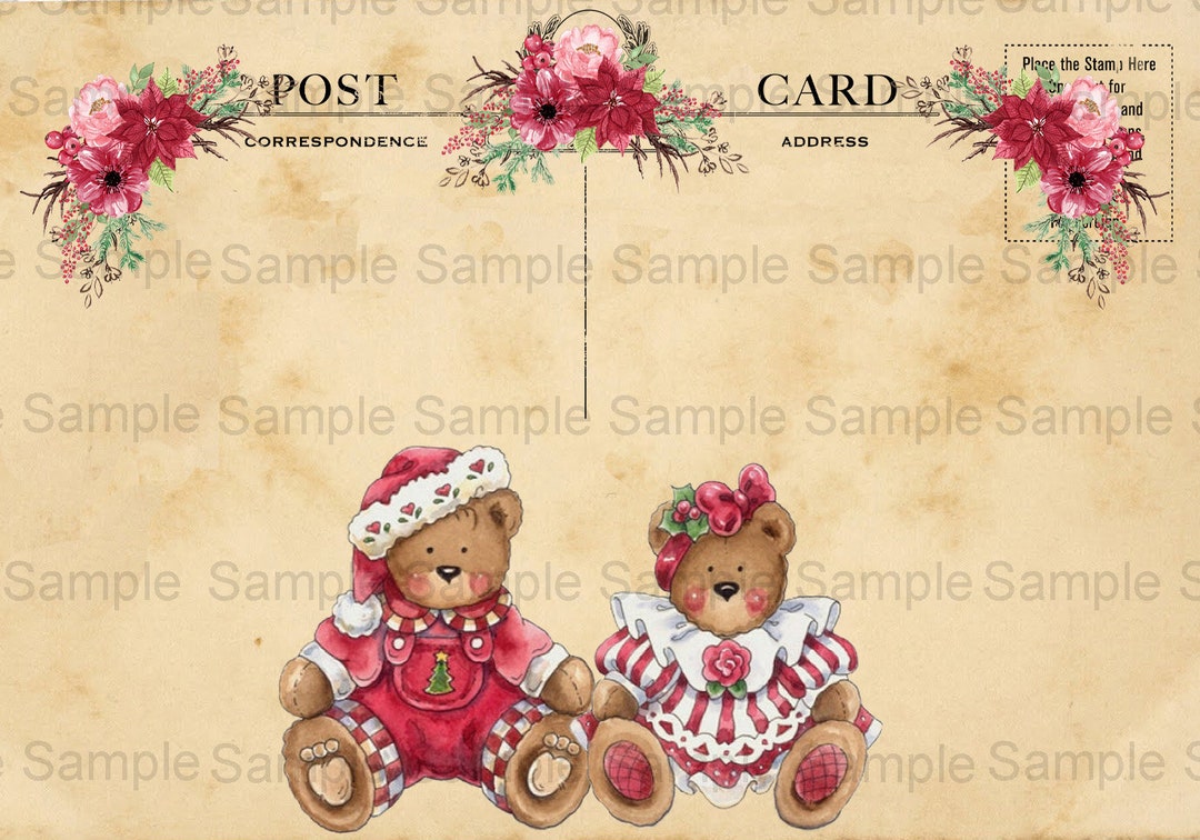 Postcard Merry Bears Christmas - Single Image - Printable Digital Image ...