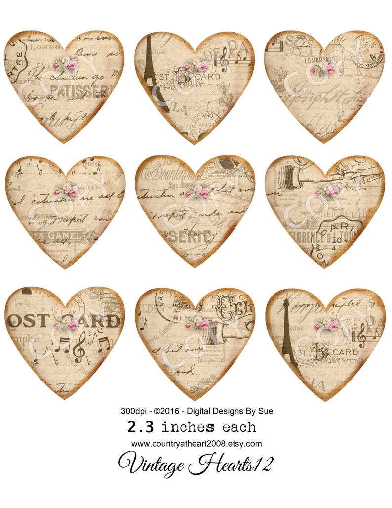 2.3 Inches INSTANT DOWNLOAD - Vintage Hearts12 - Digital Download ...