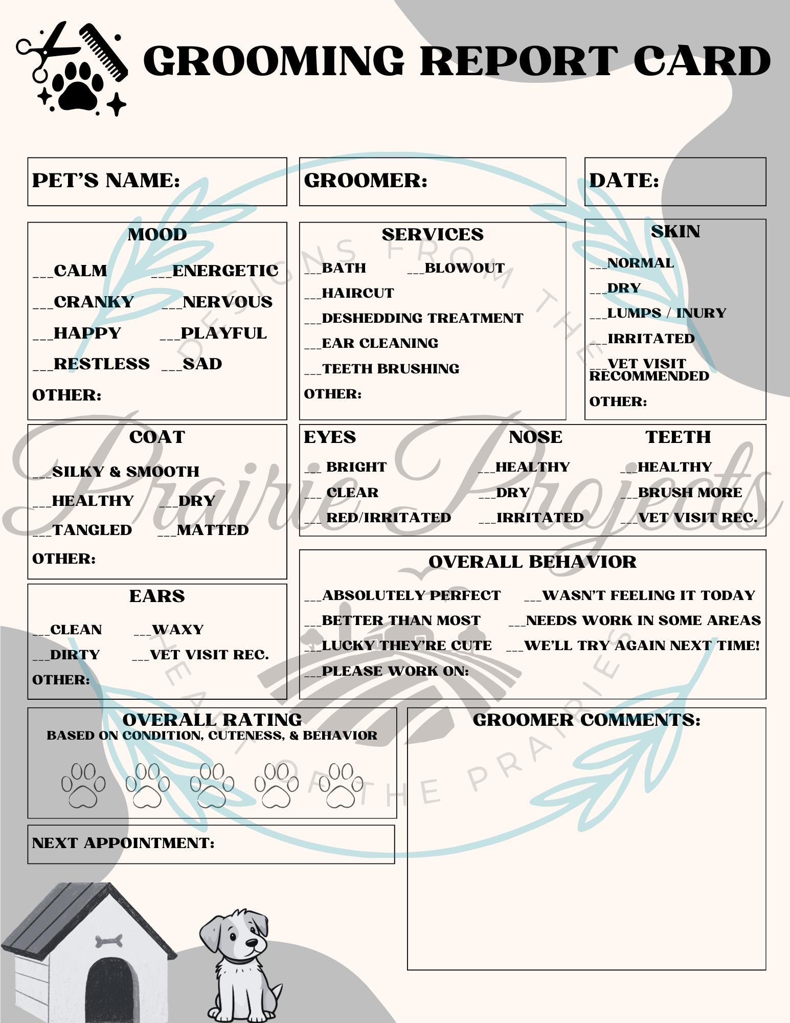 Printable Dog Grooming Report Card 3 Colors - Etsy