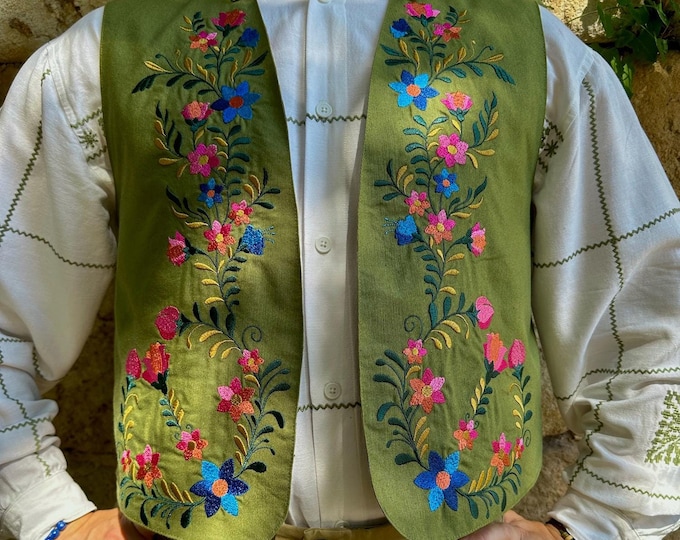 Green Vest With Floral Embroidery - Spanish Flowers - Handcrafted From ...