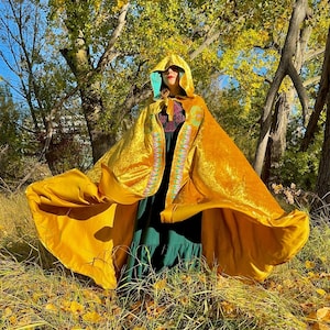 Golden Velvet Hooded Cloak With Egyptian Embroidery, Turquoise Lining ...