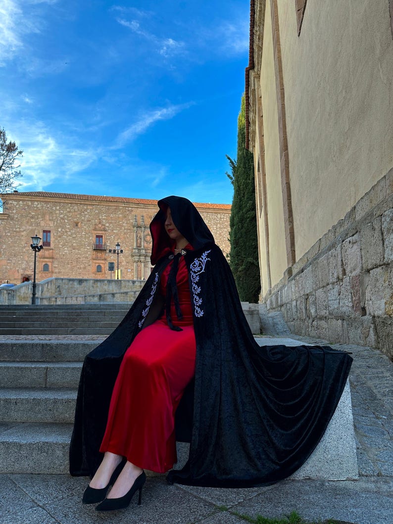 Black Velvet Hooded Cloak With Gothic Embroidery, Red Lining, Unisex ...
