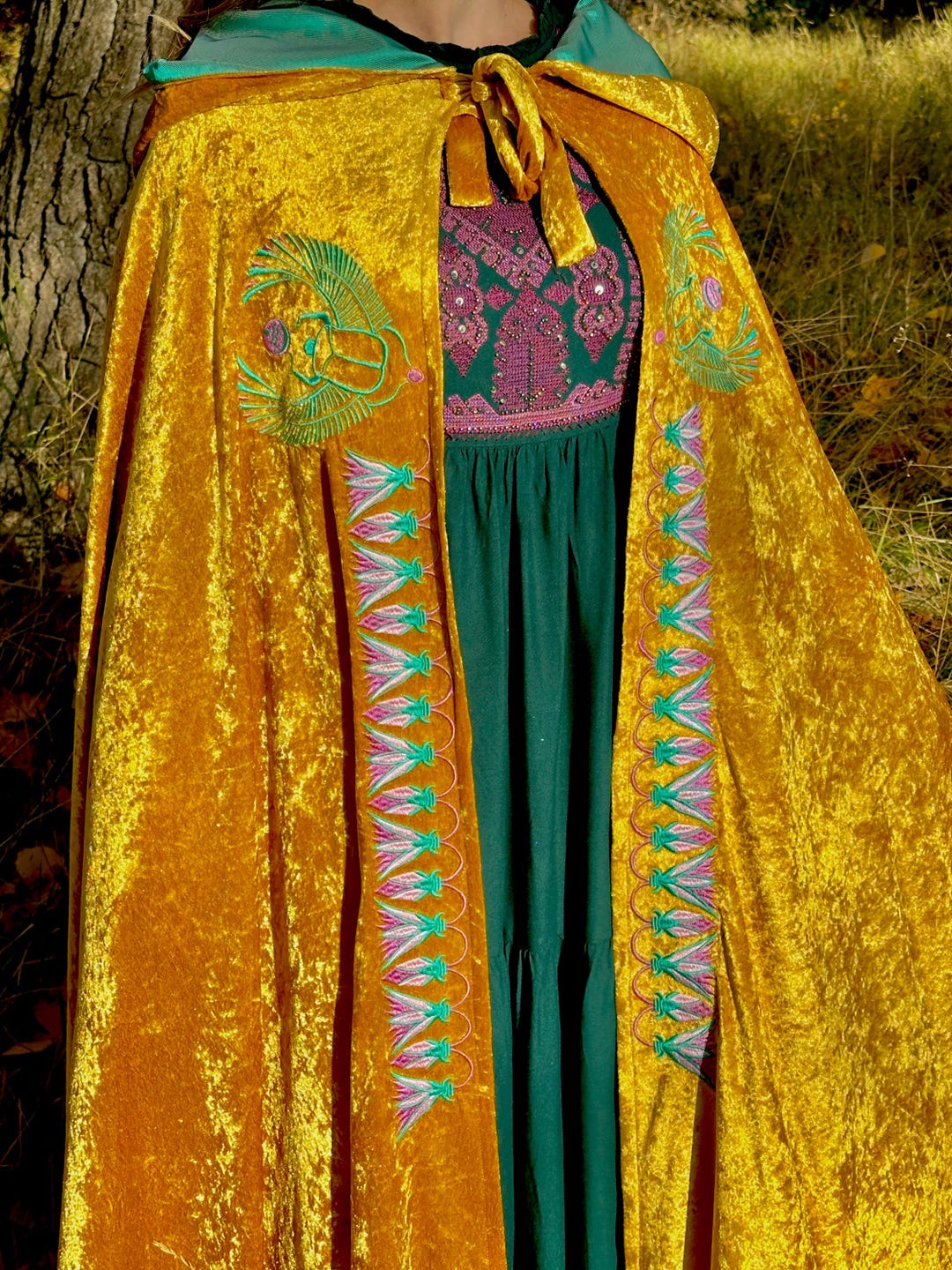 Golden Velvet Hooded Cloak With Egyptian Embroidery, Turquoise Lining ...