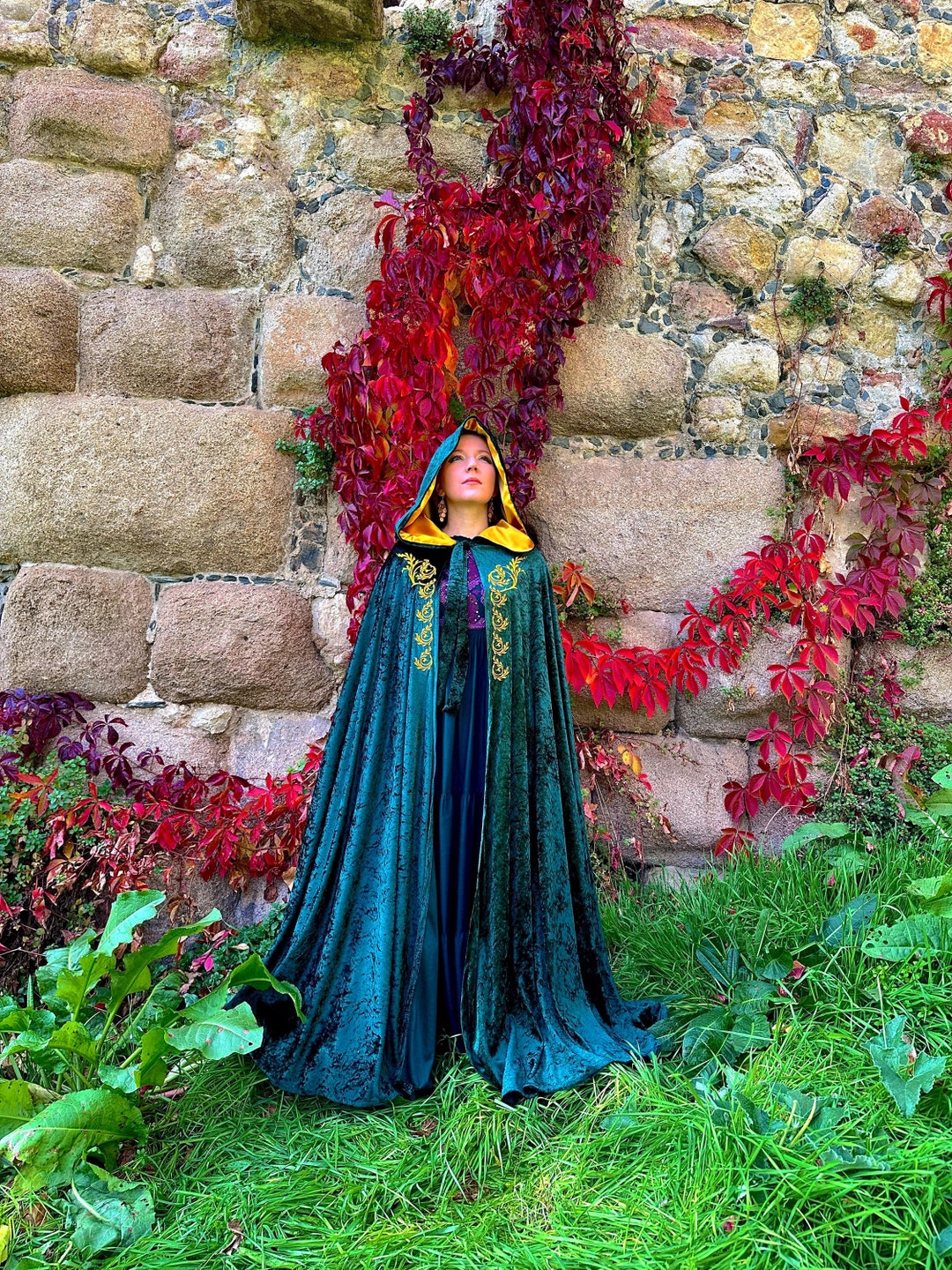 Green Velvet Hooded Cloak With Gothic Embroidery, Gold Lining, Unisex ...