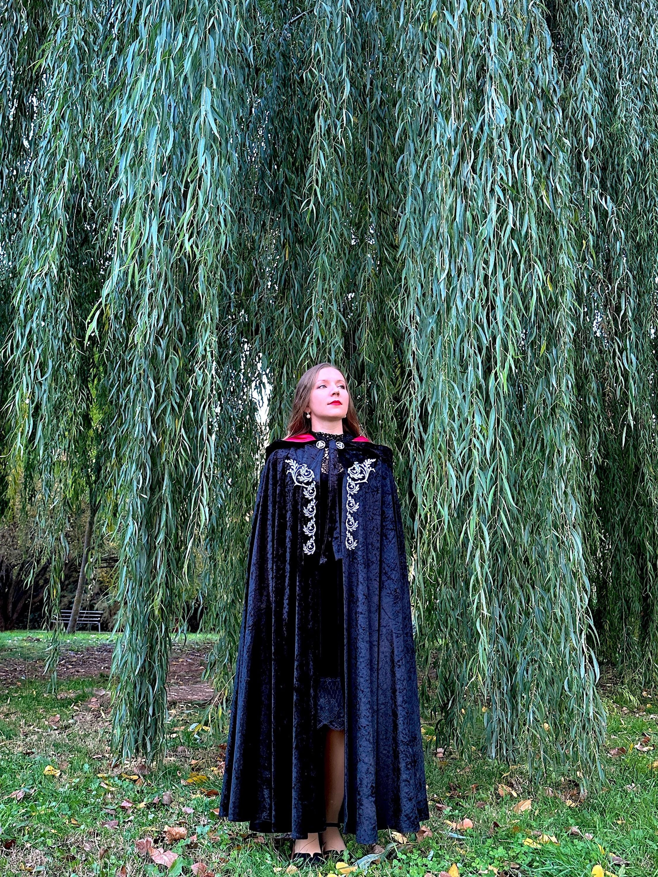 Black Velvet Hooded Cloak With Gothic Embroidery, Red Lining, Unisex ...