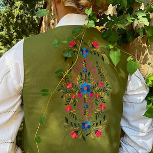 Green Vest With Floral Embroidery - Spanish Flowers - Handcrafted From ...